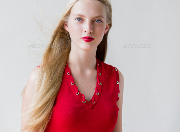 Nice Woman In Red Dress Blonde Short Hair Fashion Female Portrait Cute